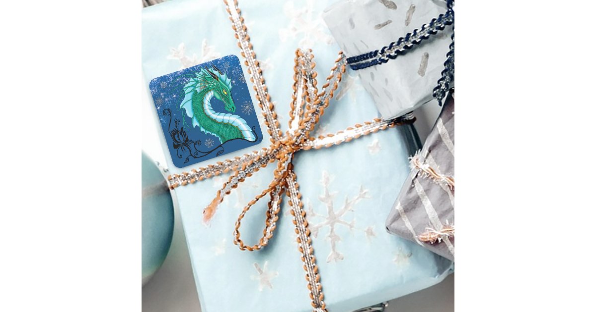 Mystical Emerald Ice Dragon Snowflakes Fantasy Square Sticker | Zazzle