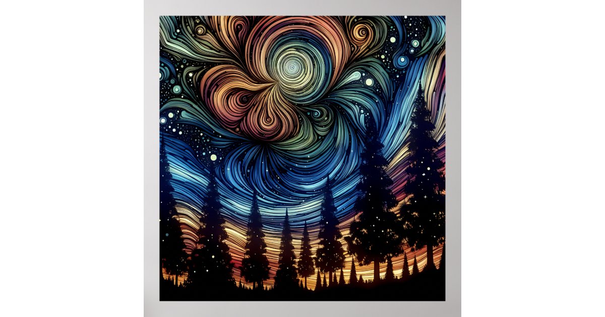 Mystical Ethereal Art with Trees and Night Sky Poster | Zazzle