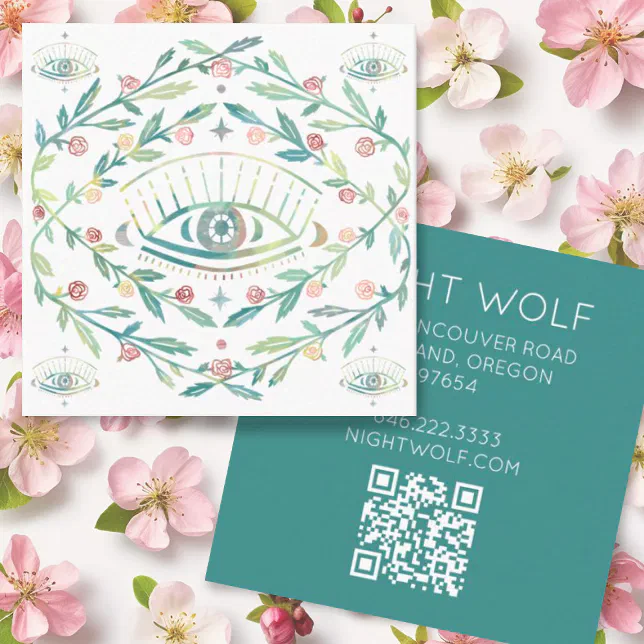 Mystical Eye Roses Vines Magical Boho QR Code Square Business Card | Zazzle