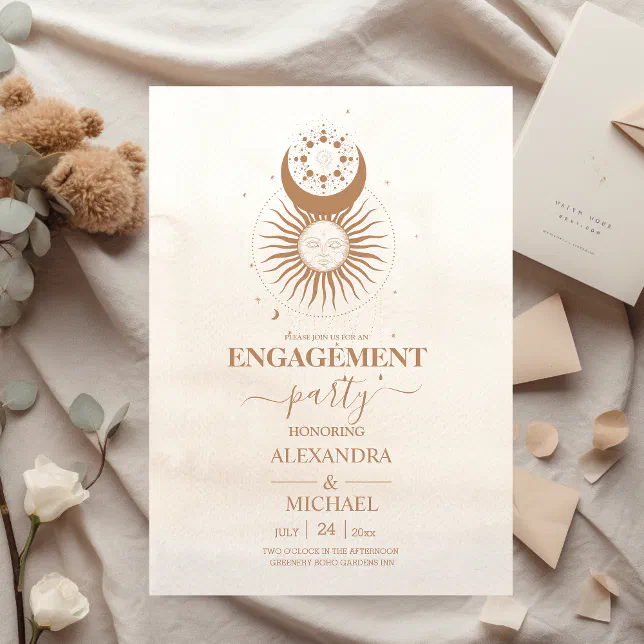 Mystical Gold Celestial Stars Engagement Invitation | Zazzle