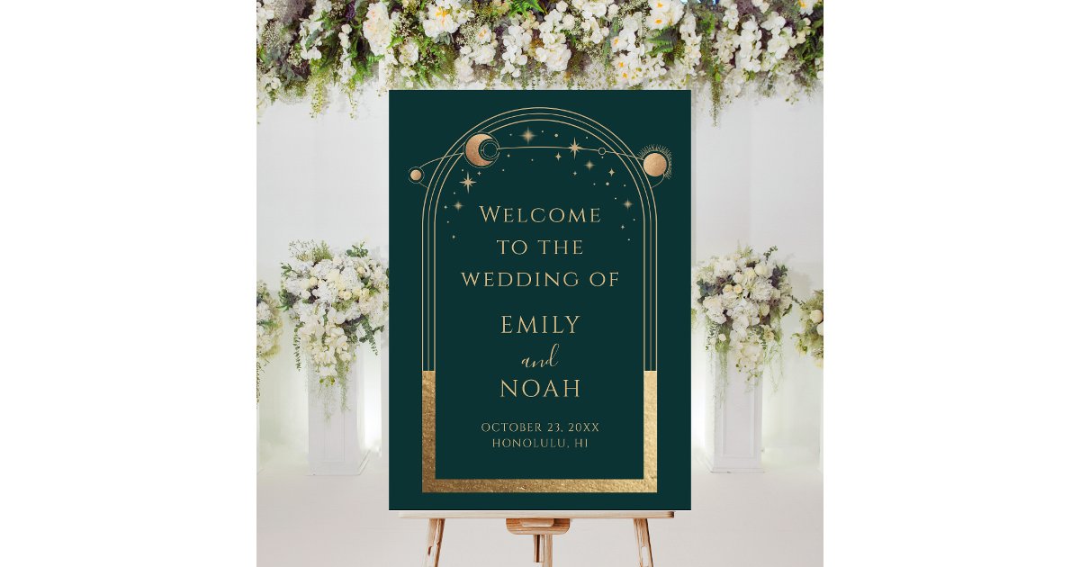 Mystical Green Gold Sun Moon Stars Welcome Sign | Zazzle