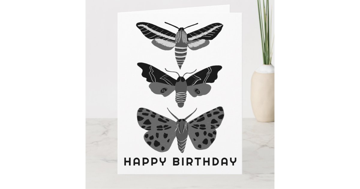 Mystical Magical Moths Black White HAPPY BIRTHDAY Card | Zazzle