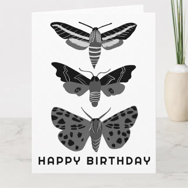 Mystical Magical Moths Black White HAPPY BIRTHDAY Card | Zazzle