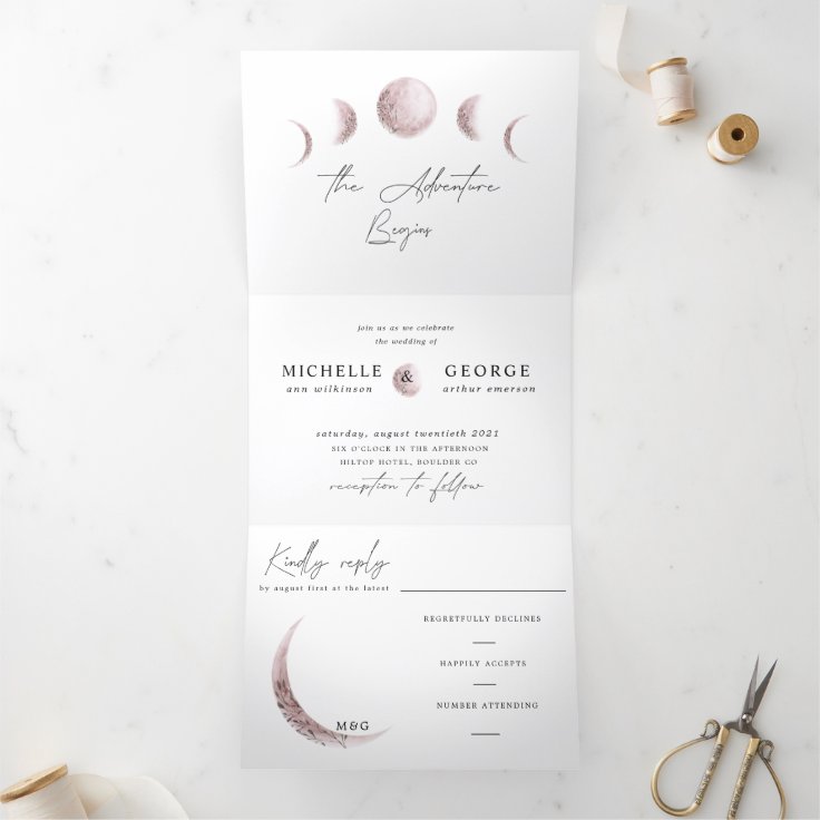 mystical moon blush wedding Tri-Fold invitation | Zazzle