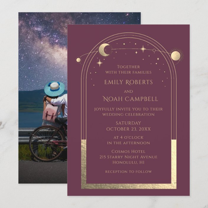 Mystical Plum Gold Sun Moon Stars Photo Wedding Invitation | Zazzle.com