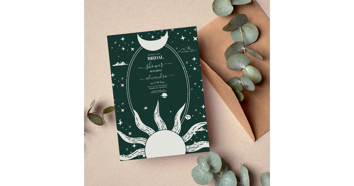 Mystical Silver and Green Sun Moon Bridal Invitation | Zazzle