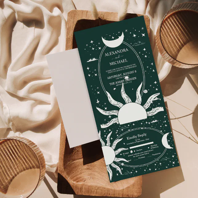 Mystical Silver and Green Sun Moon Wedding All In One Invitation | Zazzle
