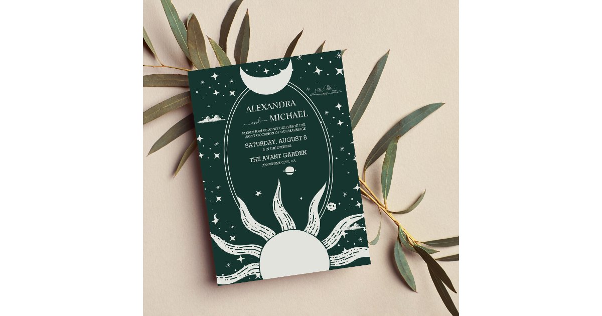 Mystical Silver and Green Sun Moon Wedding Invitation | Zazzle