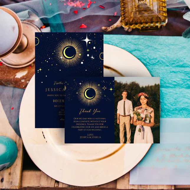 Mystical Starry Night Sun Moon Navy Photo Thank You Card | Zazzle