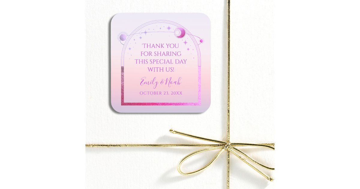 Mystical Sunset Pink Sun Moon Stars Wedding Square Sticker | Zazzle