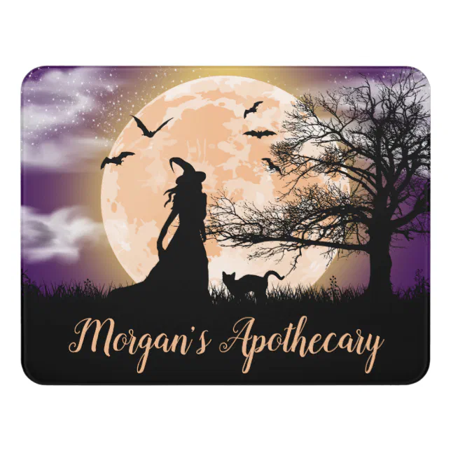 Mystical Witch and Cat Full Moon Door Sign | Zazzle