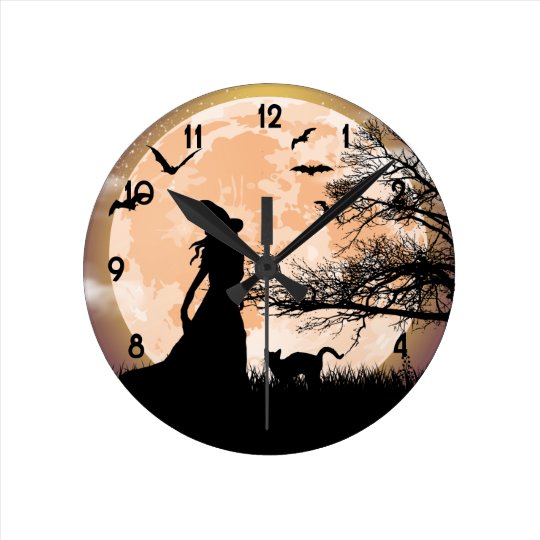 Mystical Witch, Black Cat, Full Moon Round Clock | Zazzle.com