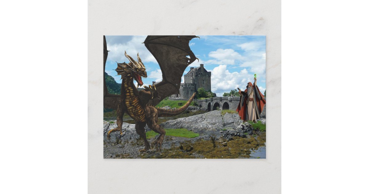 Mystical Wizard and Dragon Castle Landscape Postcard | Zazzle