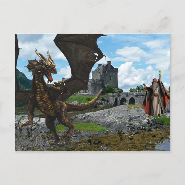 Mystical Wizard and Dragon Castle Landscape Postcard | Zazzle