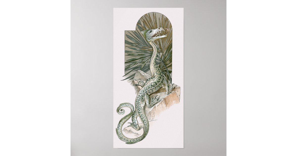 Mythical Lizard Dragon on Rocks, Vintage Mythology Poster | Zazzle