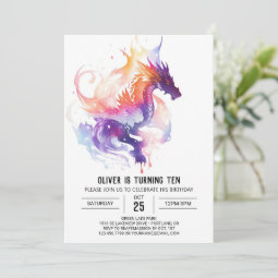 Mythical Watercolor Kids Dragon Birthday Invitation | Zazzle