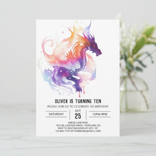 Mythical Watercolor Kids Dragon Birthday Invitation | Zazzle