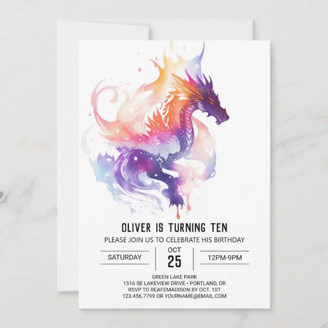 Mythical Watercolor Kids Dragon Birthday Invitation | Zazzle