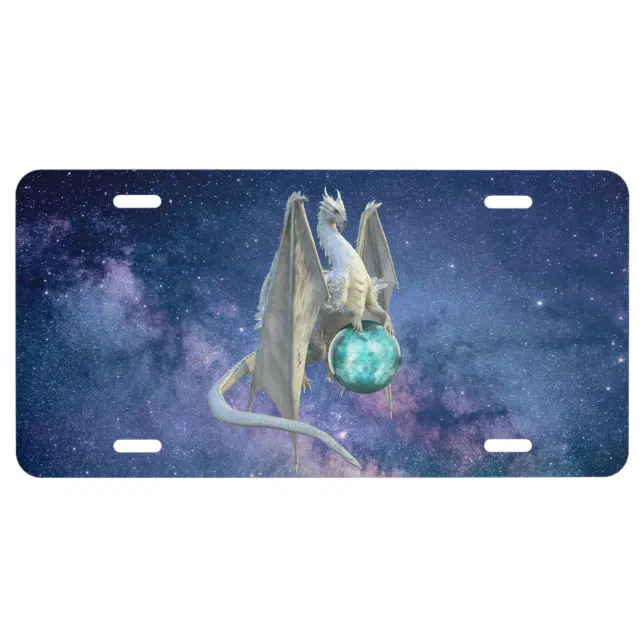 Mythology White Dragon with Globe Galaxy License Plate | Zazzle
