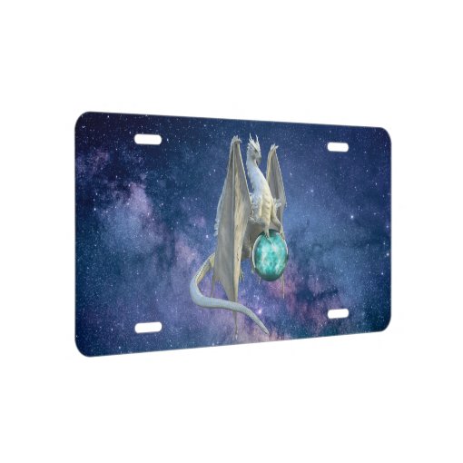 Mythology White Dragon with Globe Galaxy License Plate | Zazzle