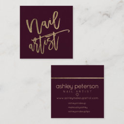 Nail artist typography gold burgundy typography square business card ...