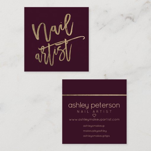 Nail artist typography gold burgundy typography square business card ...