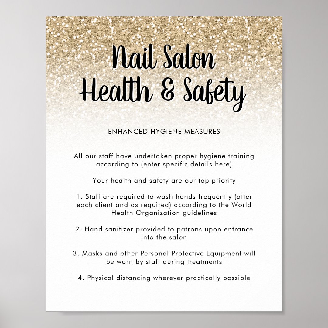 Nail Salon Health Safety Poster Gold Glitter | Zazzle