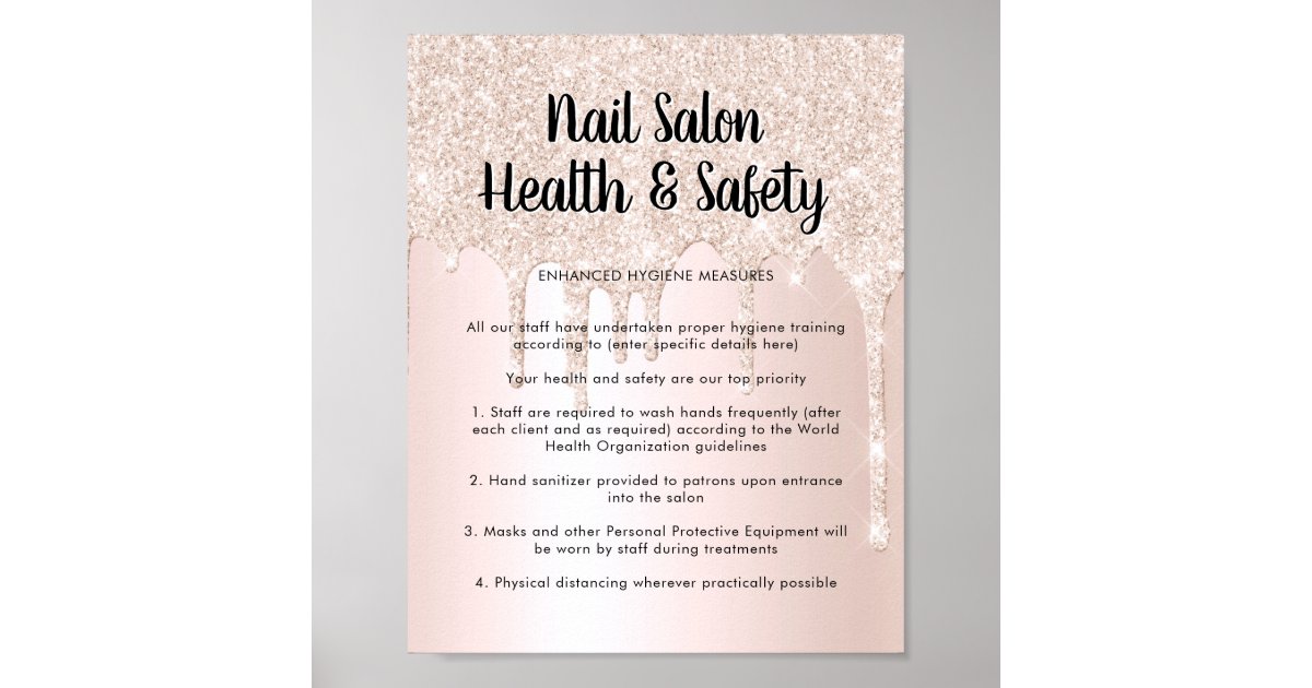 Nail Salon Health Safety Poster Pink Glitter Drip | Zazzle
