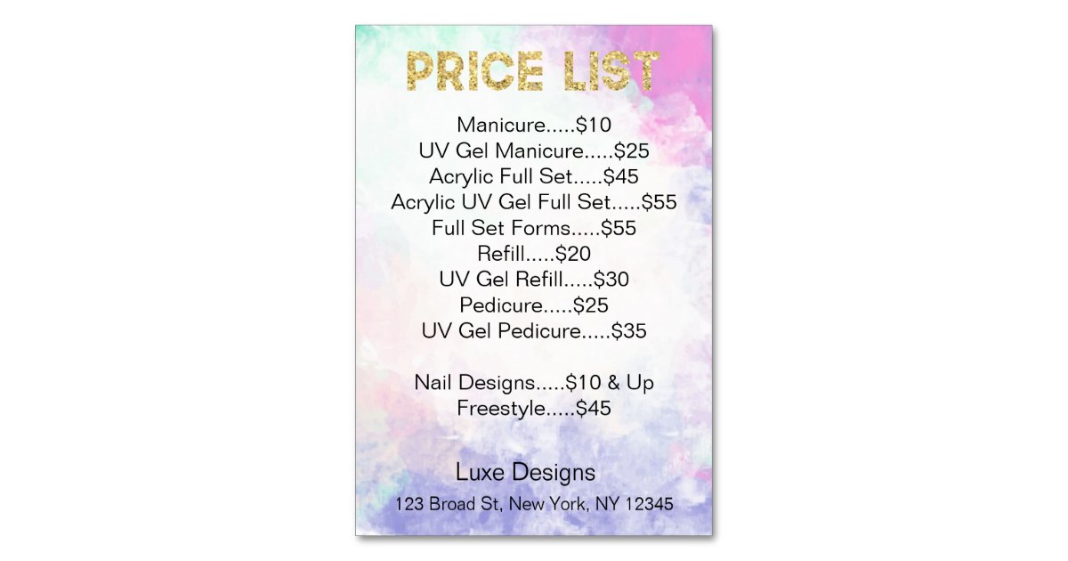 Nail Salon Price List Glitter Drips Cards | Zazzle