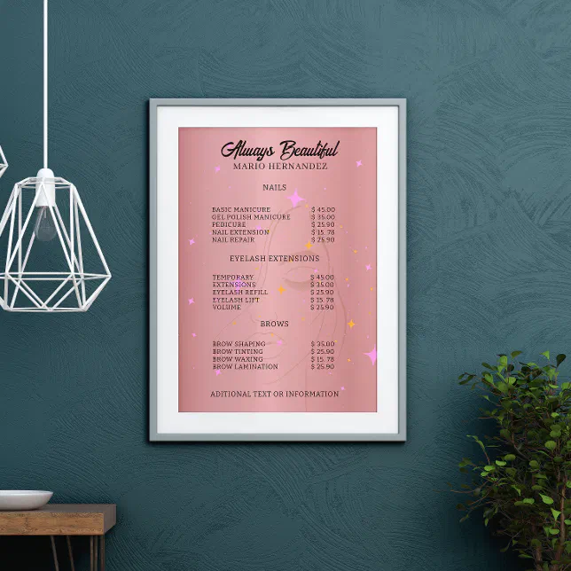 Nail Tech Esthetician Price List Rose Gold Poster | Zazzle
