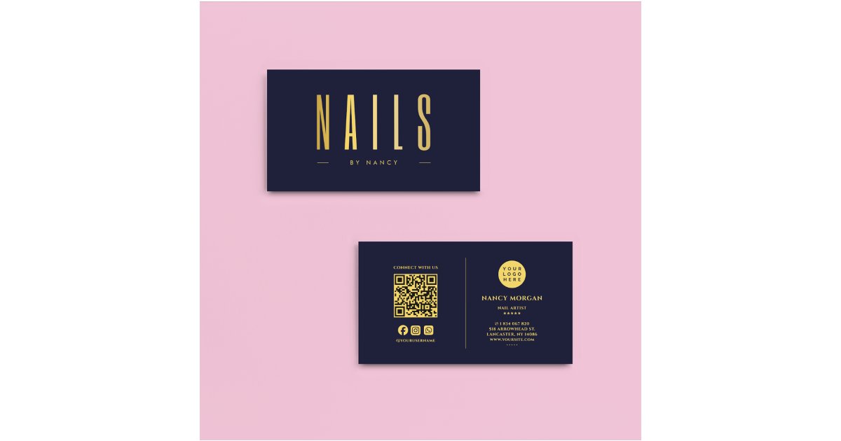 Nail Tech Manicurist QR Code Logo Navy & Gold Business Card | Zazzle