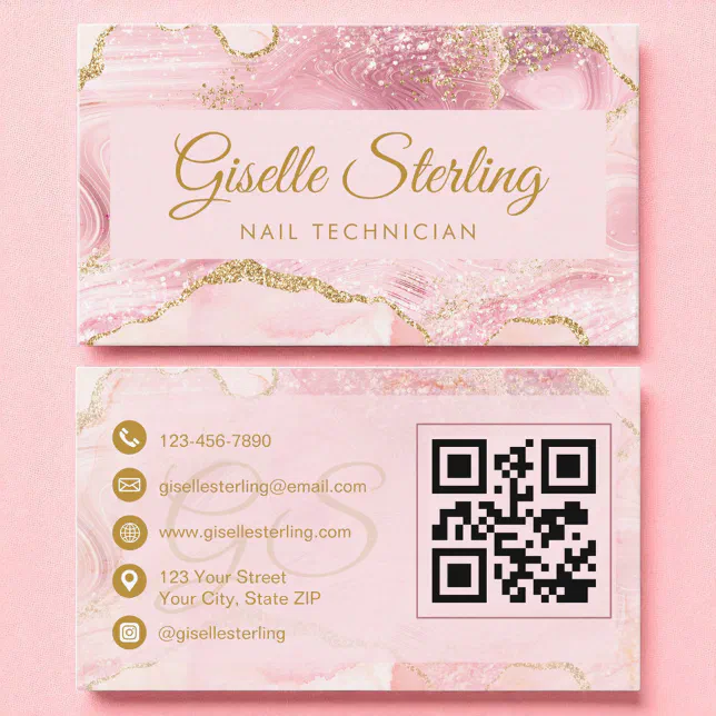 Nail Technician Blush Pink Gold Agate QR Code Business Card | Zazzle