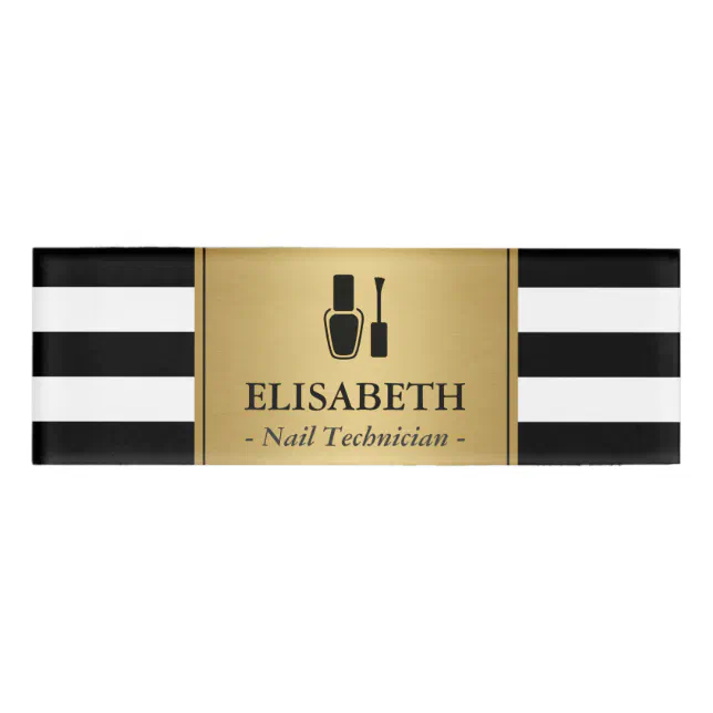 Nail Technician Logo Gold Black White Stripes Name Tag | Zazzle