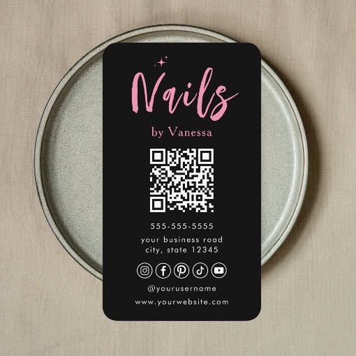 Nail Technician Qr Code Nails Art Salon Black Pink Business Card | Zazzle