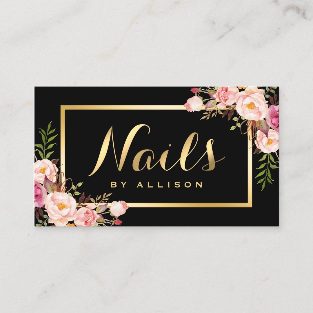 Nail Technician Salon Black Gold Floral Script Business Card | Zazzle