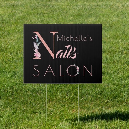 Nails salon your name floral glitter pink black sign | Zazzle