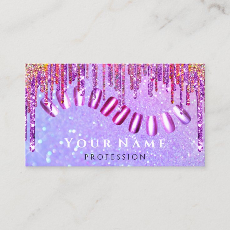Nails Stylist Manicure Pink Glitter Holograph VIP Business Card | Zazzle