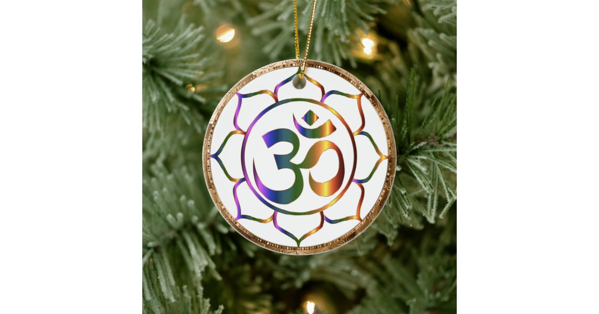 Namaste Aum (Om) & Lotus with Gold Bronze Border Ceramic Ornament | Zazzle