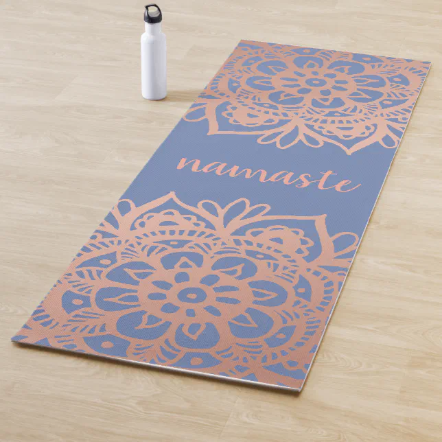 Namaste Rose Gold Mandala on Blue Yoga Mat | Zazzle