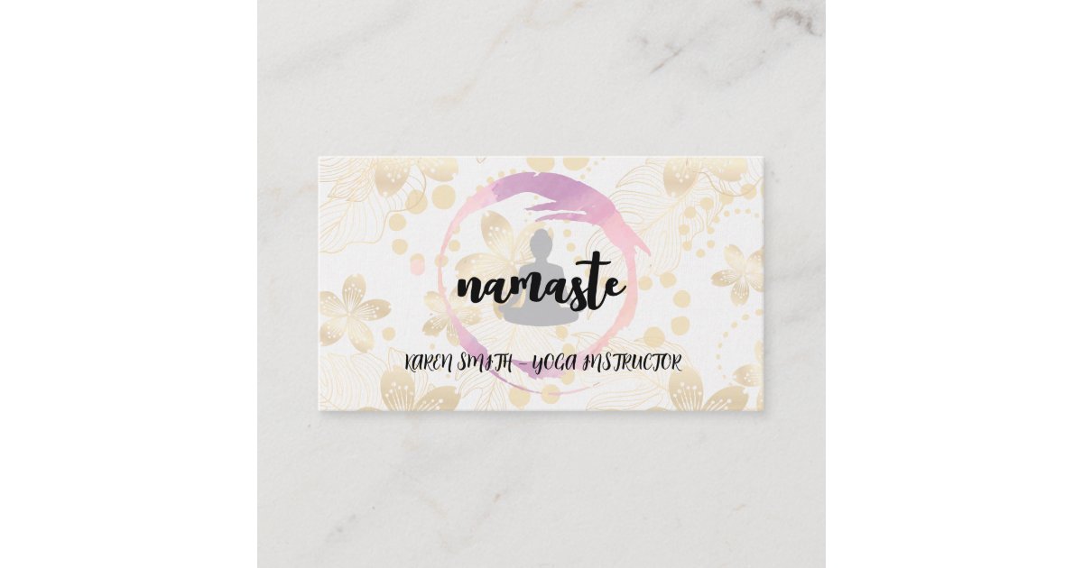 Namaste Yoga | Gold Floral Background Business Card | Zazzle