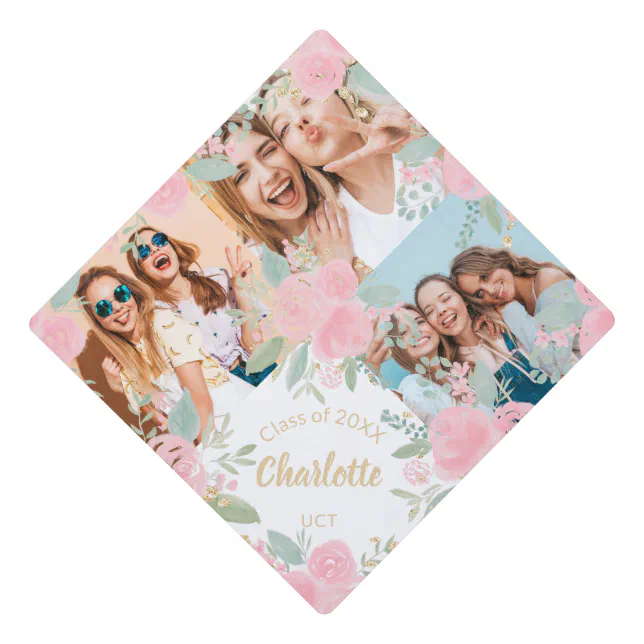 Name 3 photos blush pink floral glitter graduate graduation cap topper ...