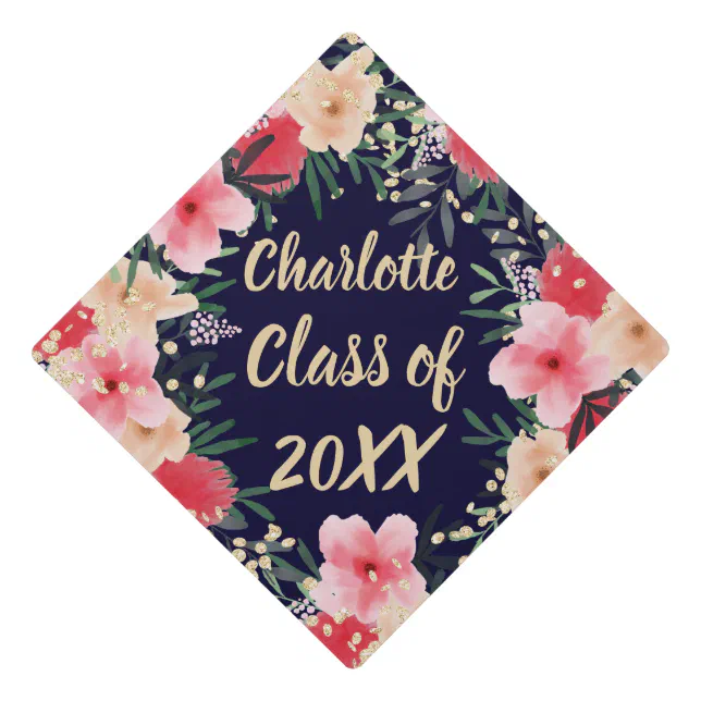 Name class year pink red floral glitter graduate graduation cap topper ...