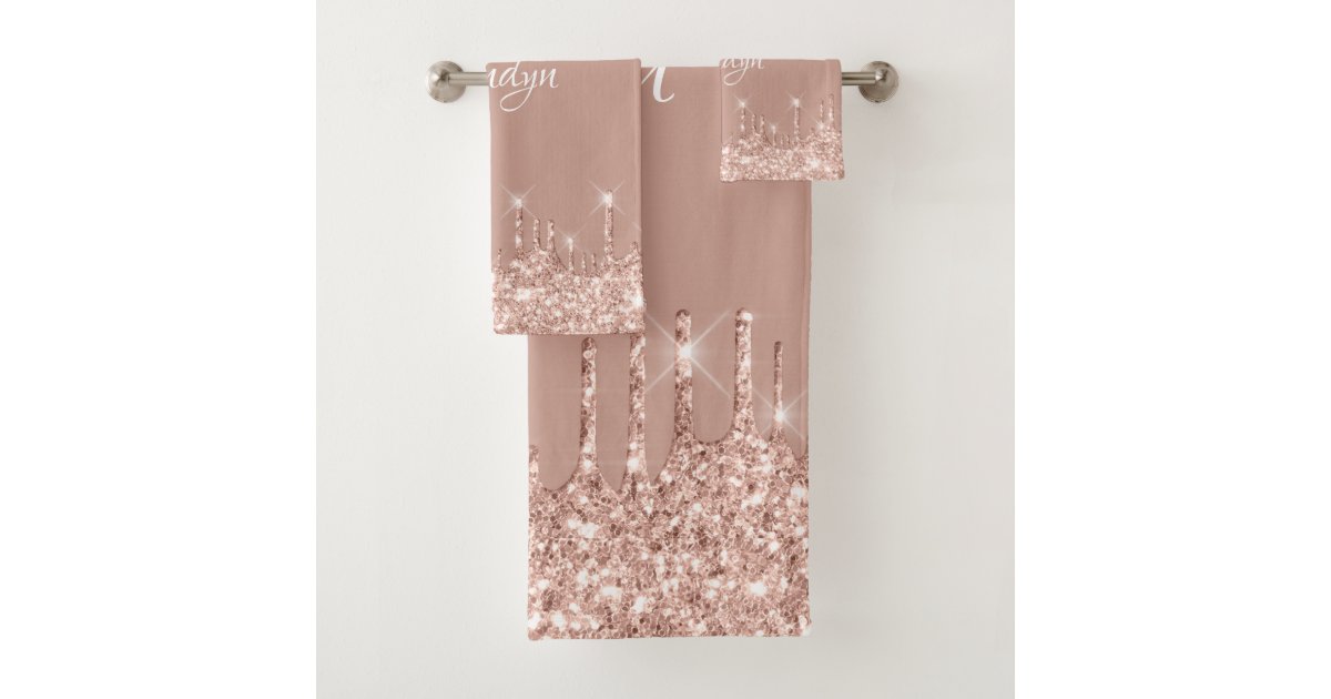 Name Elegant Glitter Drips Pink Rose Blush Bath Towel Set | Zazzle