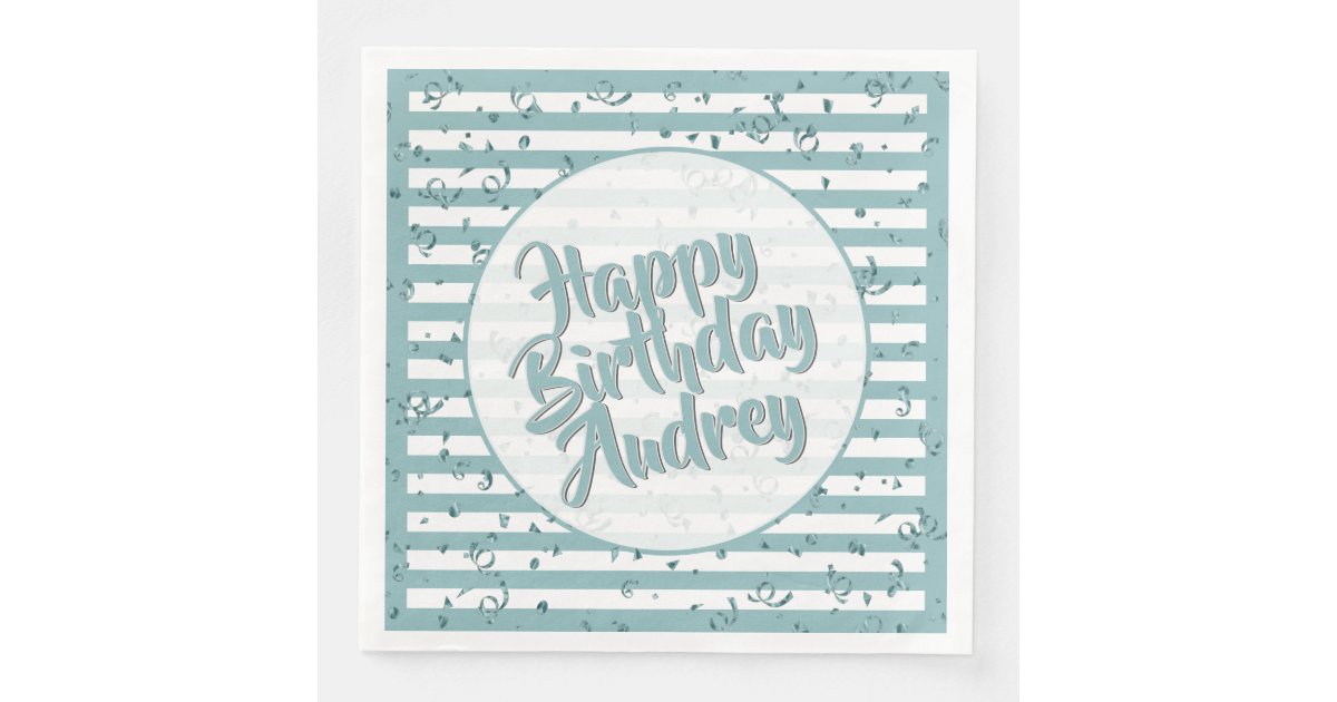 Name Happy Birthday Aqua Simple Stripes Pattern Paper Dinner Napkins ...