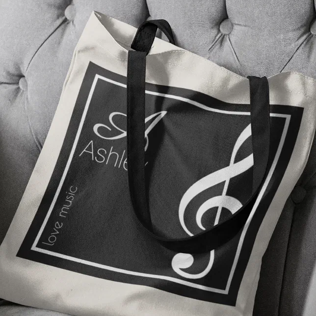 Name, Initial & White Treble Clef, Music Black Tote Bag | Zazzle