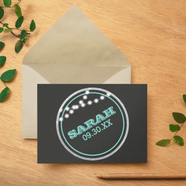 Name Logo and Date Chalkboard Lights Teal Note Card | Zazzle
