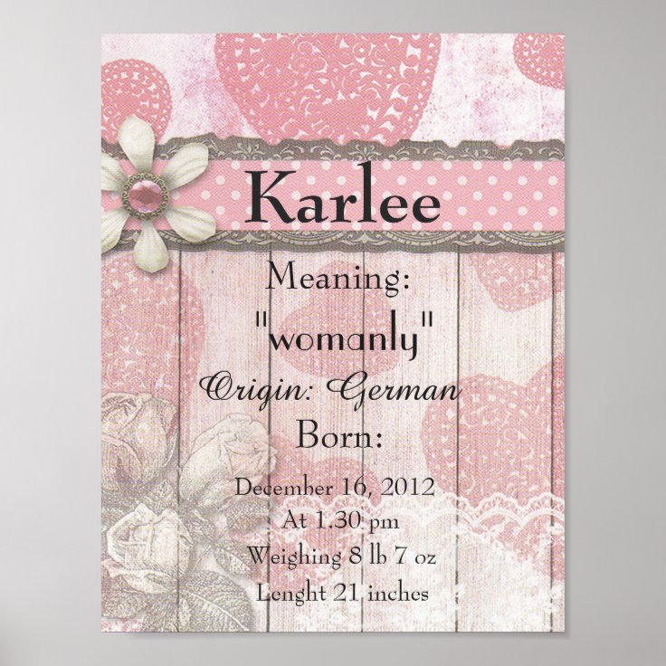 Name meaning keepsake nursery Karlee Poster | Zazzle
