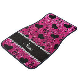 Name neon hot pink glitter music notes hearts car mat | Zazzle