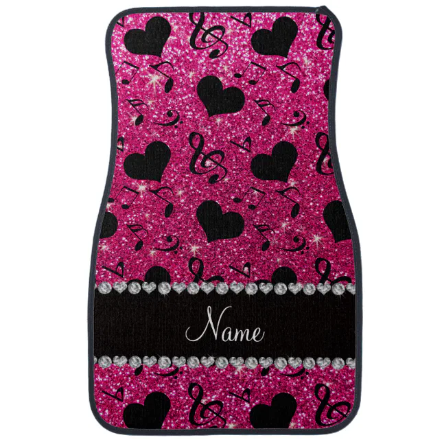 Name neon hot pink glitter music notes hearts car mat | Zazzle
