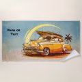 Name, Old Car with Surfboard & Palm Tree Beach Towel | Zazzle